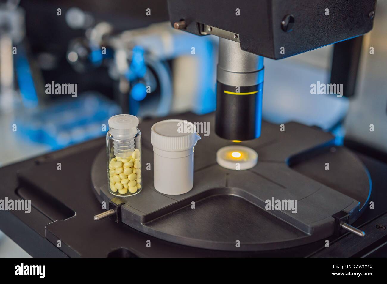 Science lab research safe of new drugs, microscope and pills ...