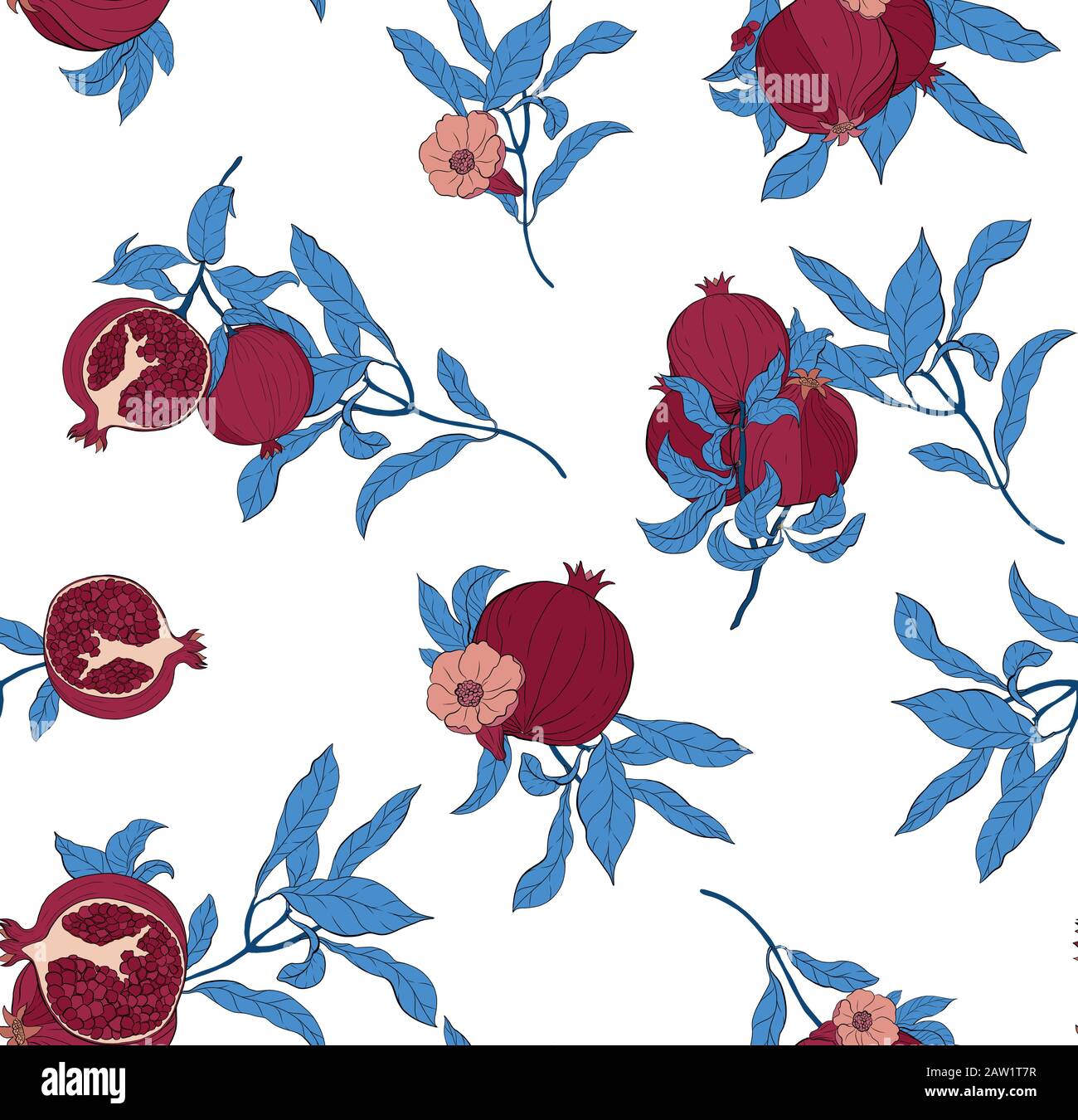 Vector seamless pattern with pomegranate fruits and seeds on white ...