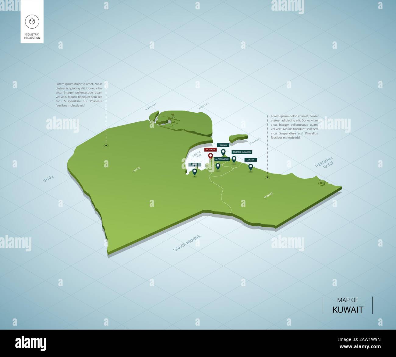 Stylized map of Kuwait. Isometric 3D green map with cities, borders ...