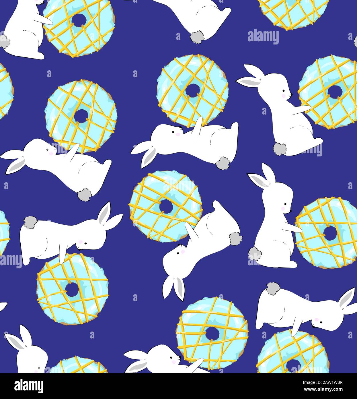 Rabbits and donuts, blue background. Vector seamless pattern - Textil ...