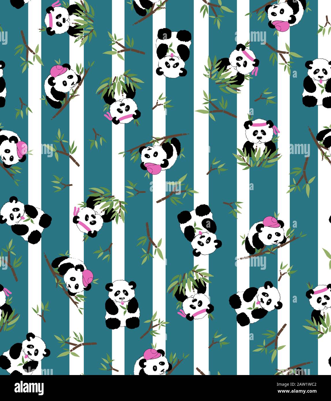 Panda with bamboo in hand against a backdrop of green stripes. For ...