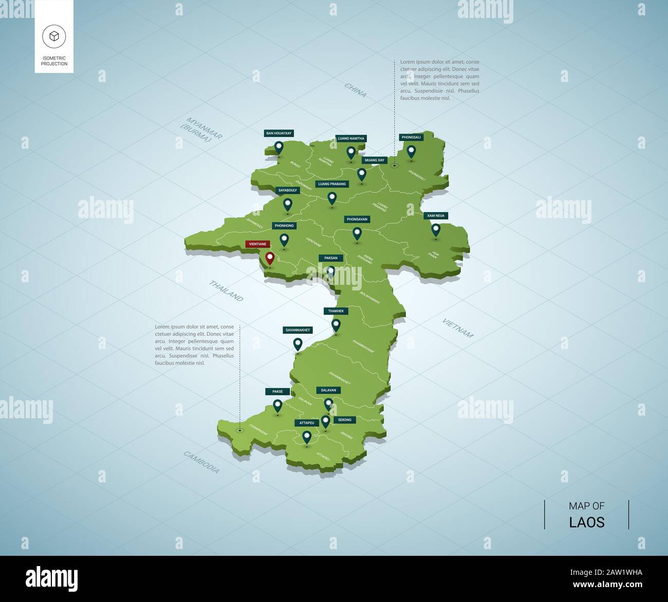 Stylized map of Laos. Isometric 3D green map with cities, borders ...