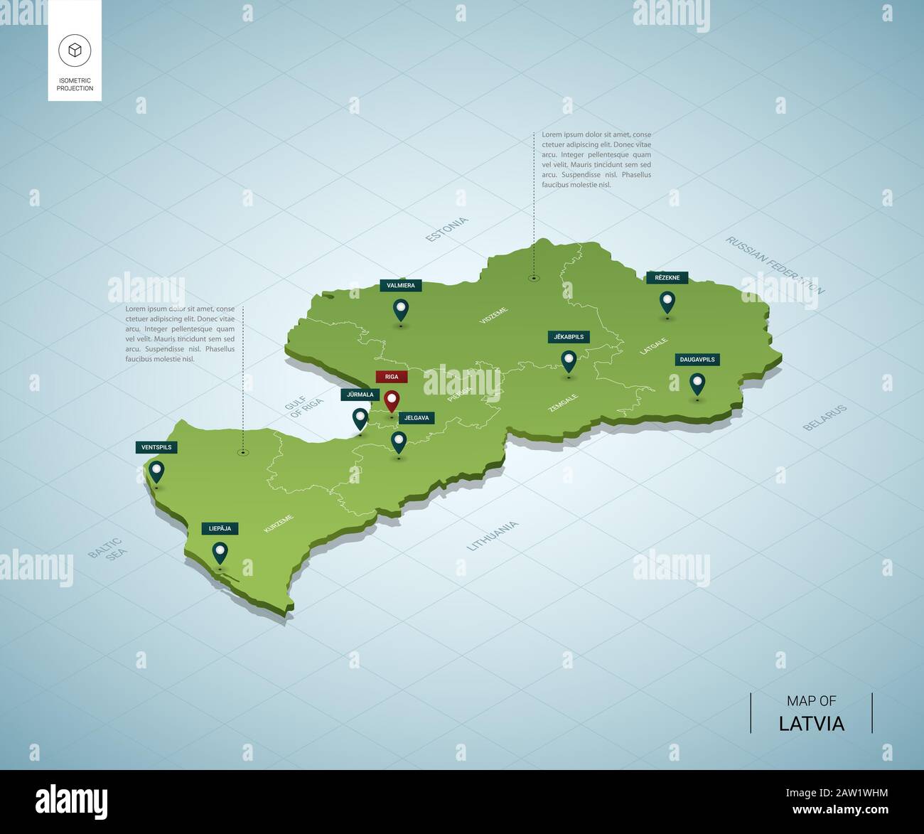 Stylized map of Latvia. Isometric 3D green map with cities, borders ...