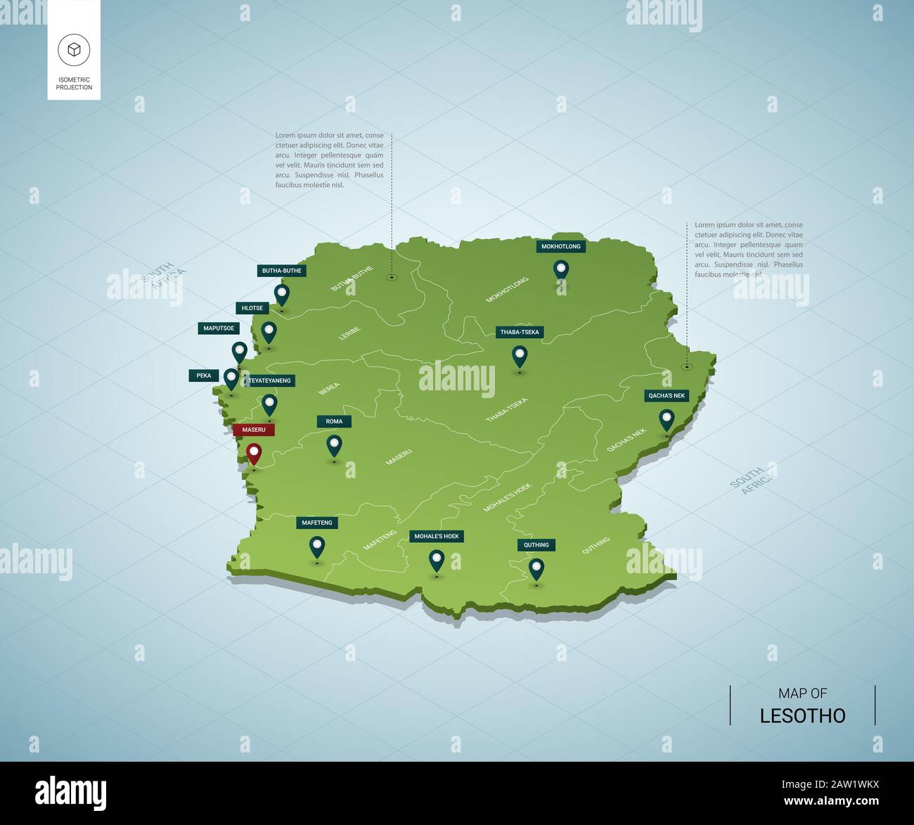 Stylized map of Lesotho. Isometric 3D green map with cities, borders ...
