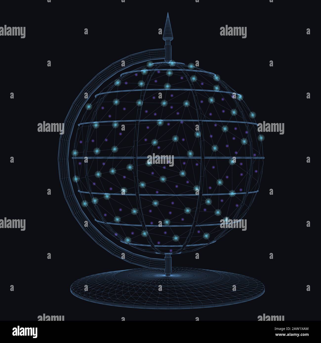 Globe wireframe of blue lines on a dark background with luminous lights ...