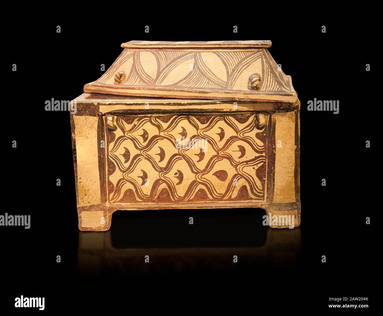 Minoan pottery coffin chest coffin with gabled lid decorated with a net ...