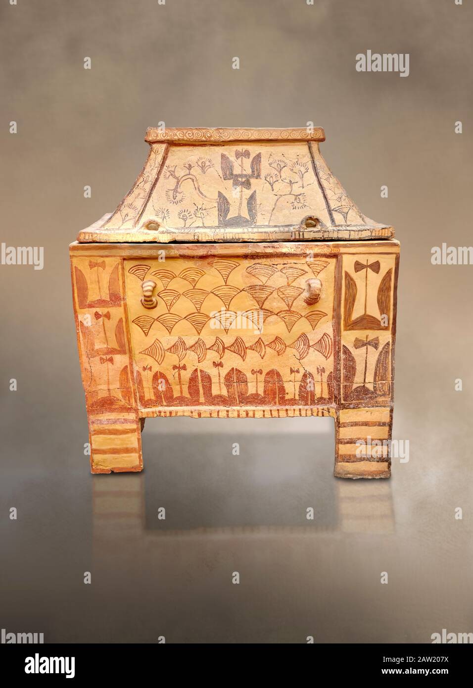 Minoan pottery gabled larnax coffin chest with double axe and papyrus ...
