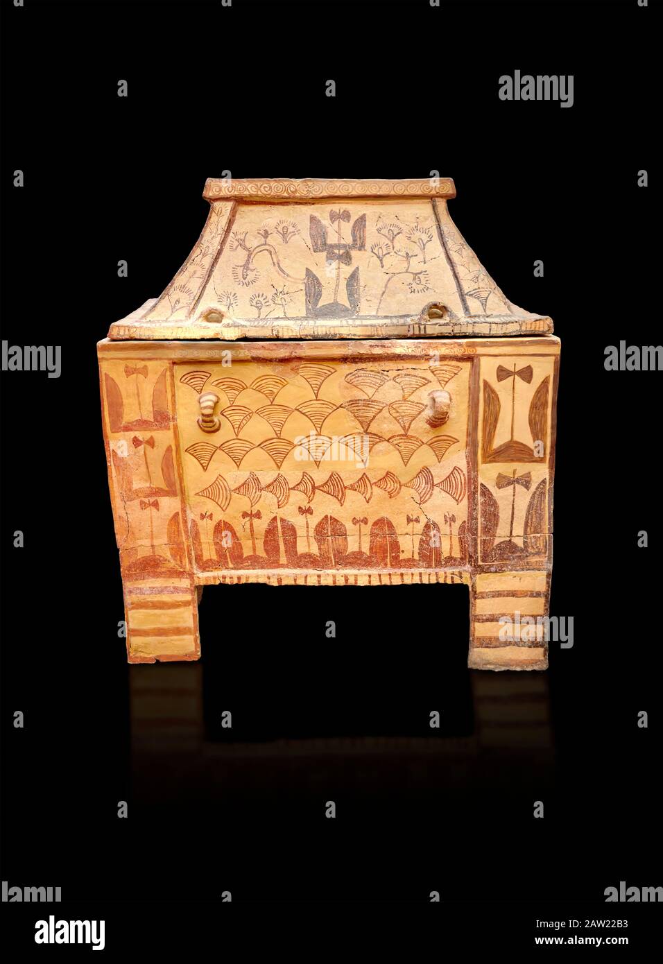 Minoan pottery gabled larnax coffin chest with double axe and papyrus ...