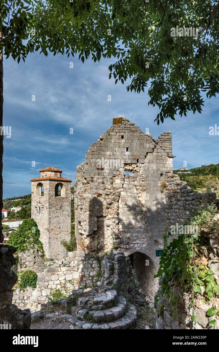 Ruins of St Catherine Church, 14 century, clock tower at medieval ...