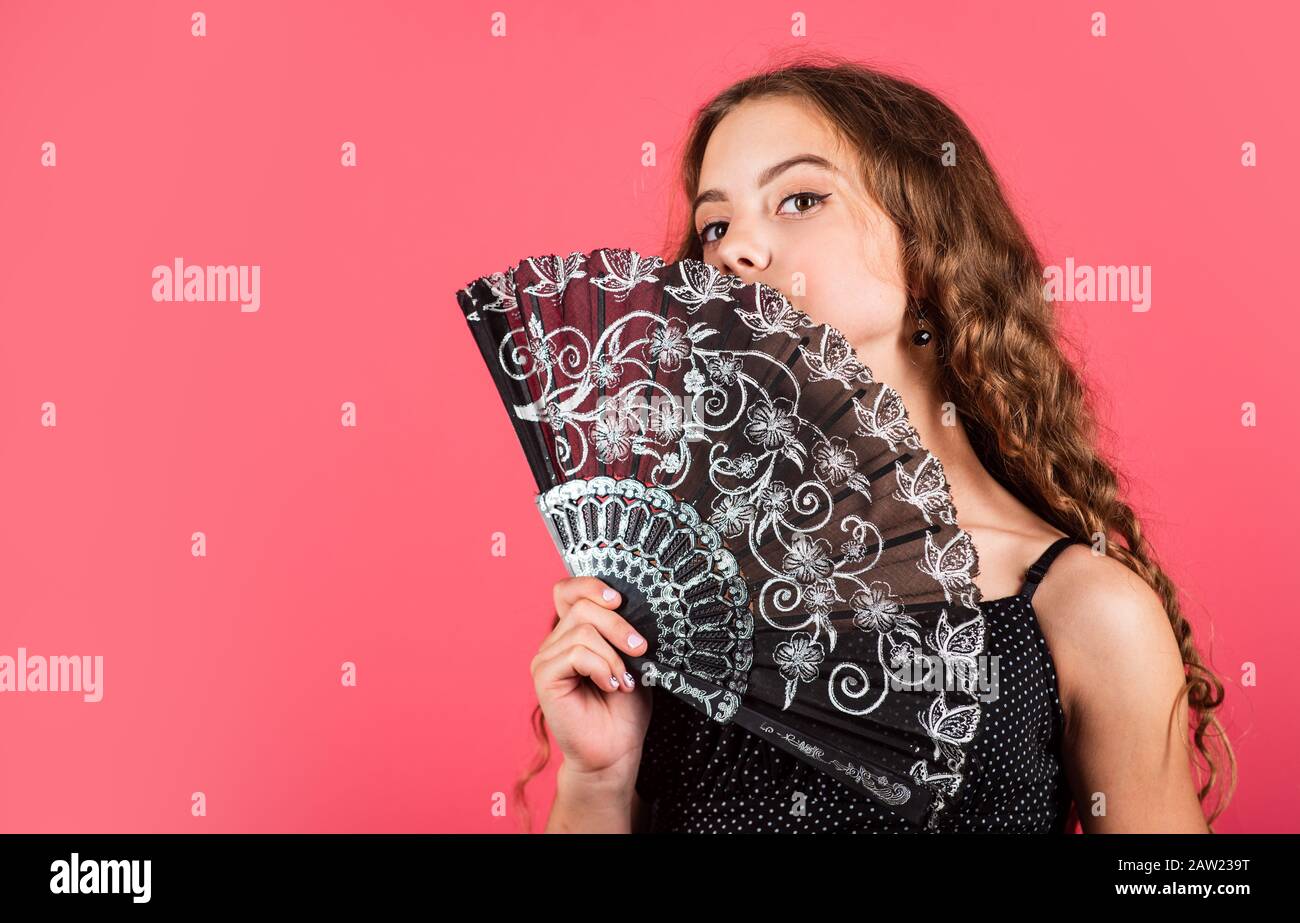 Climate control. Air conditioner. Little kid waving elegant retro fan ...