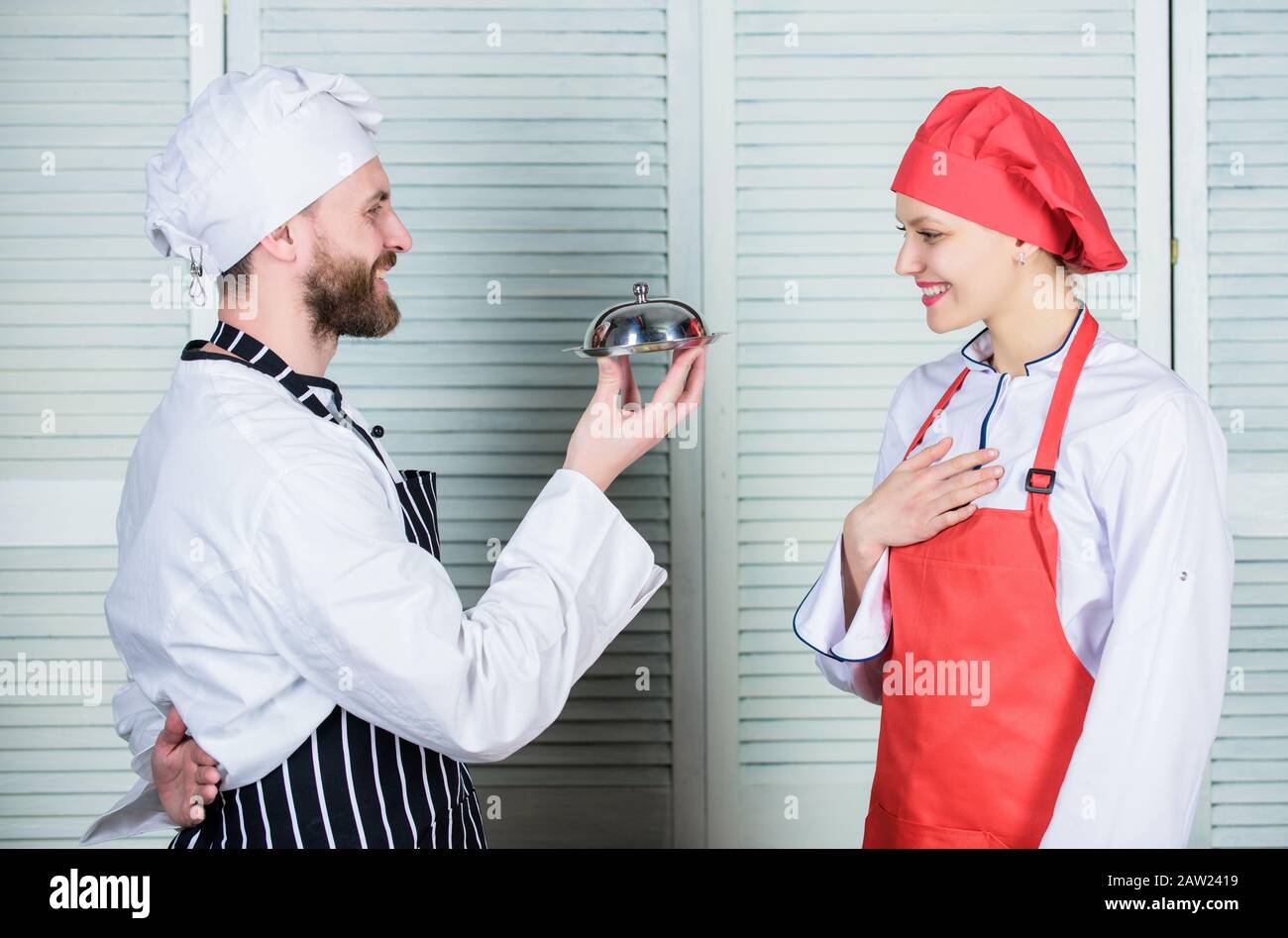 Delicious proposal. Join gourmet lifestyle. Man chef offer dessert or ...