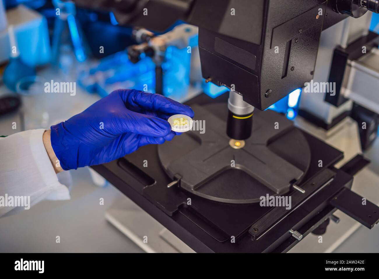 Science lab research safe of new drugs, microscope and pills ...