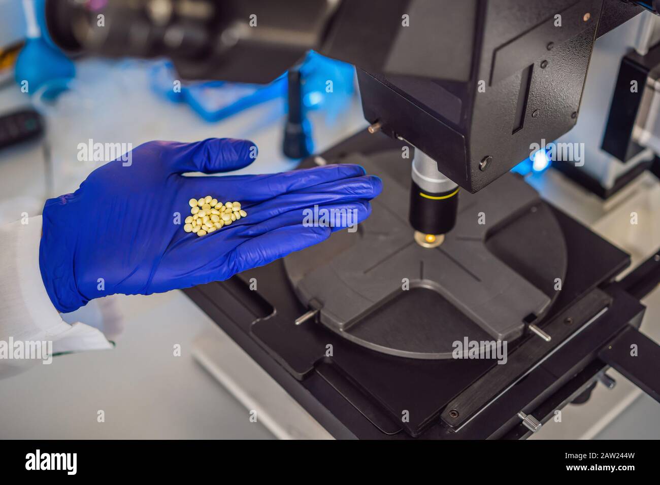 Science lab research safe of new drugs, microscope and pills ...