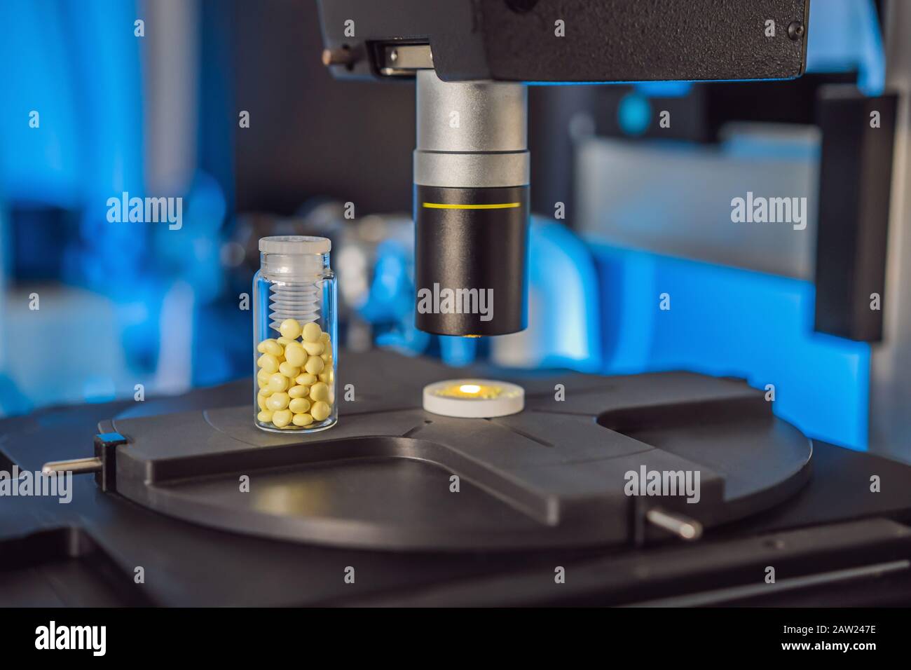 Science lab research safe of new drugs, microscope and pills ...