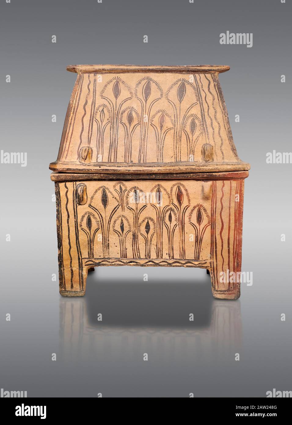 Minoan pottery gabled larnax coffin chest with foliage decorations ...