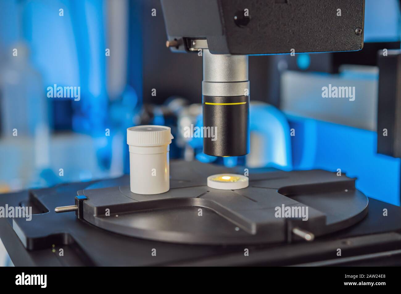 Science lab research safe of new drugs, microscope and pills ...