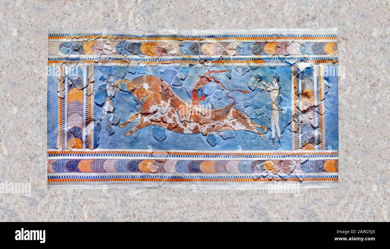 The Minoan 'Bull leaping' fresco depicting an athlete leaping over a ...