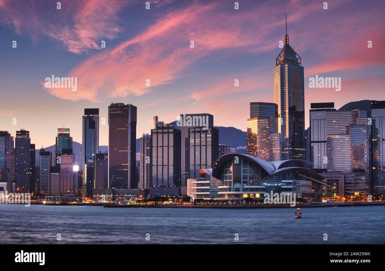 Hong Kong skyscrapers with red sky Stock Photo - Alamy