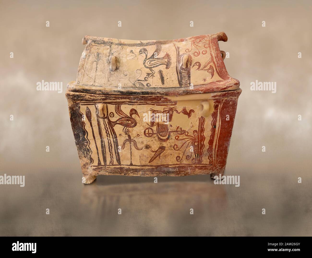 Minoan pottery gabled larnax coffin chest with birds and marine animals ...
