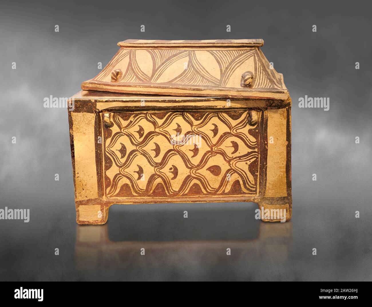 Minoan pottery coffin chest coffin with gabled lid decorated with a net ...