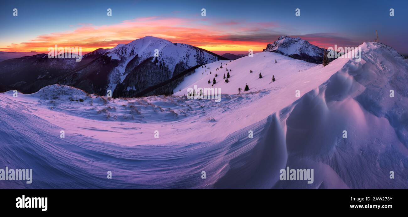 Winter frozen mountain panorama landscape in Slovakia, near Terchova ...
