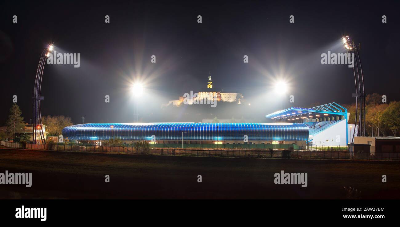 Nitra skyline at nigth with castle, church and football stadion Stock ...