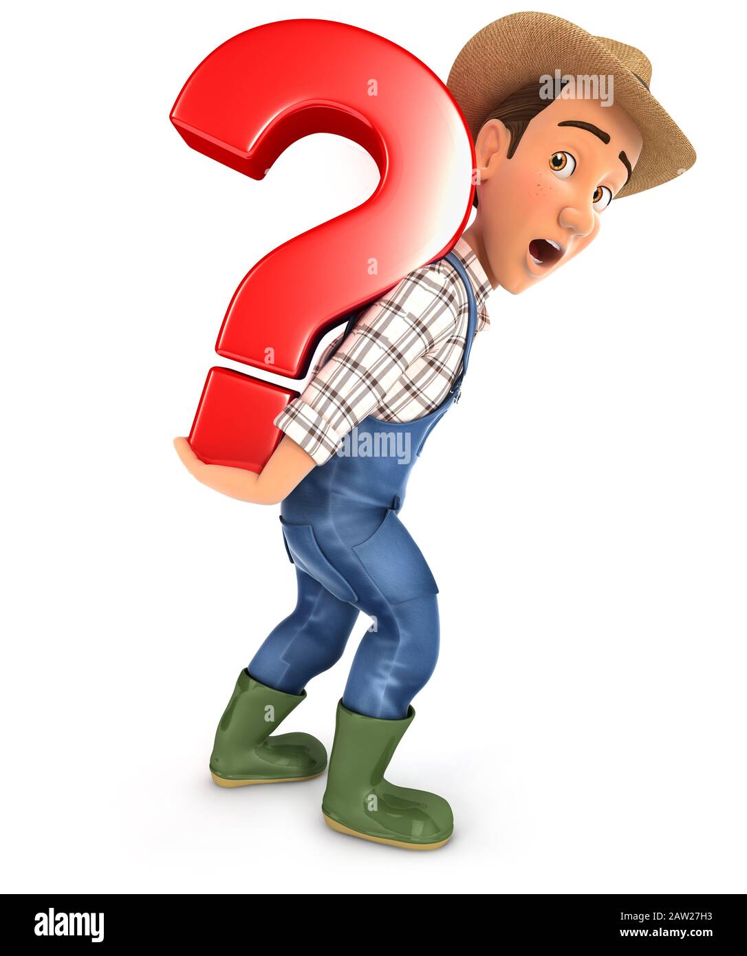3d farmer carrying heavy question mark, illustration with isolated ...