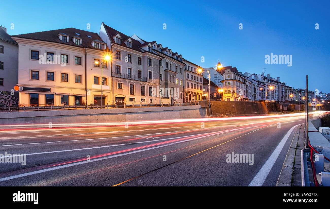 Bratislava street Staromestska - Old town, Slovakia at night Stock ...
