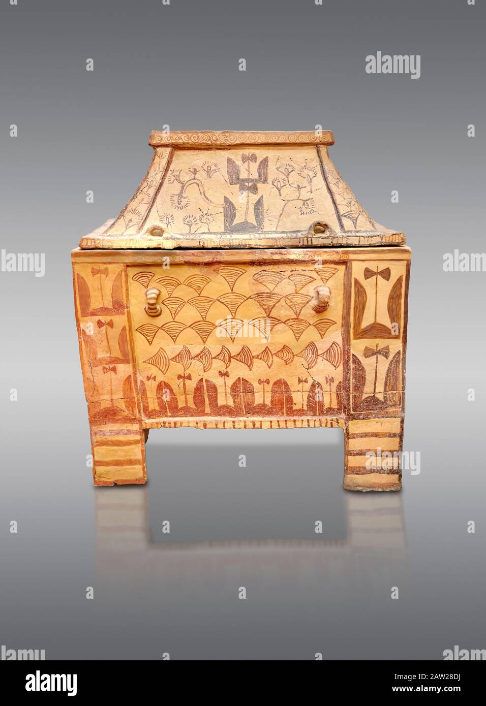 Minoan pottery gabled larnax coffin chest with double axe and papyrus ...