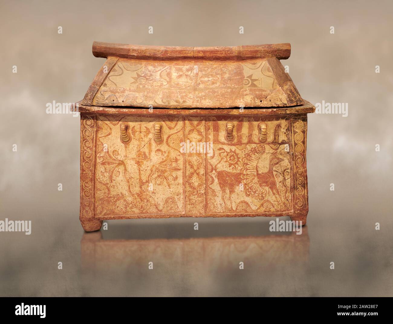 Minoan pottery coffin chest with gabled lid and winged griffin ...