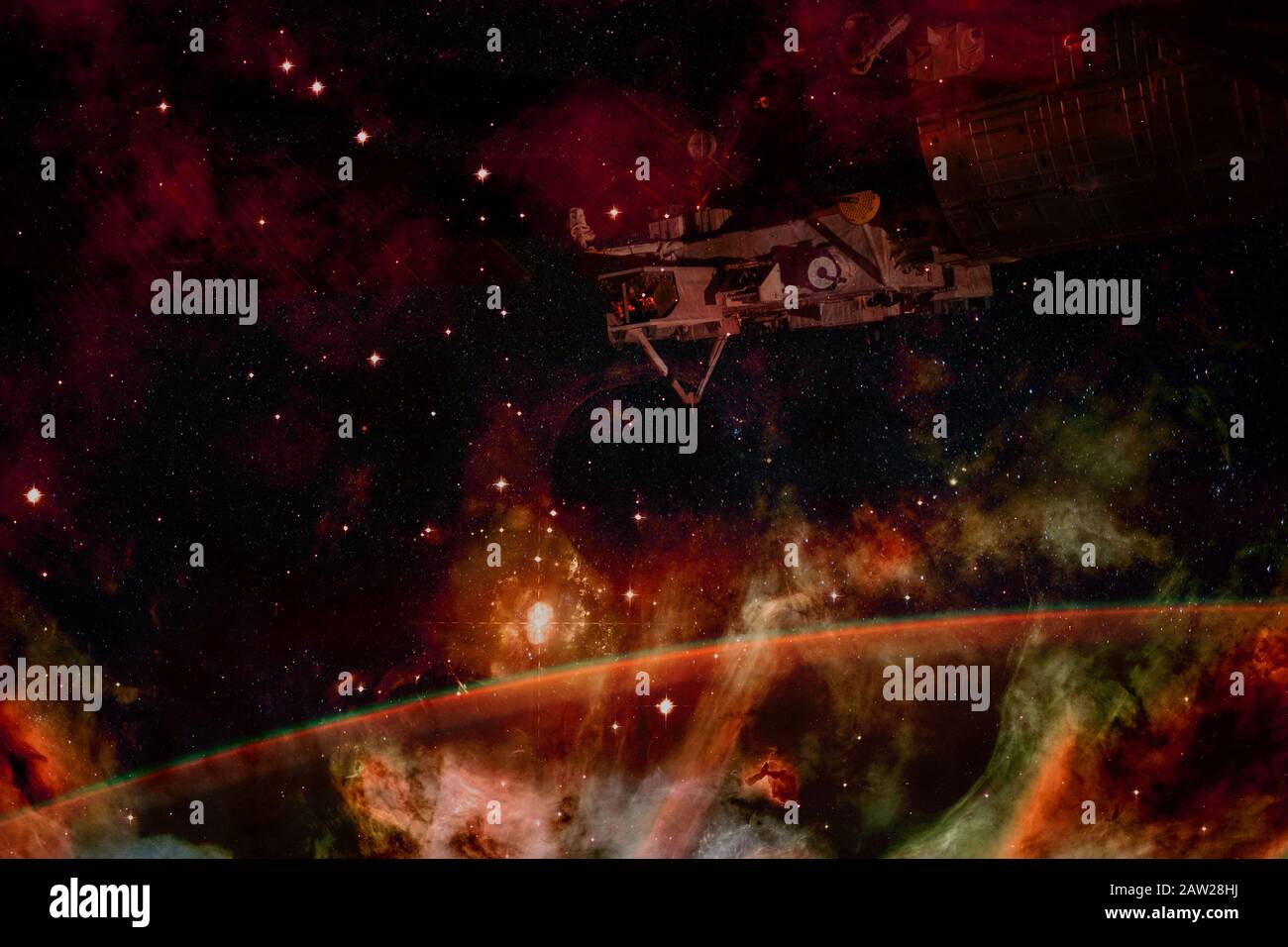 ISS space station walking Earth planet orbit. Endless of universe ...