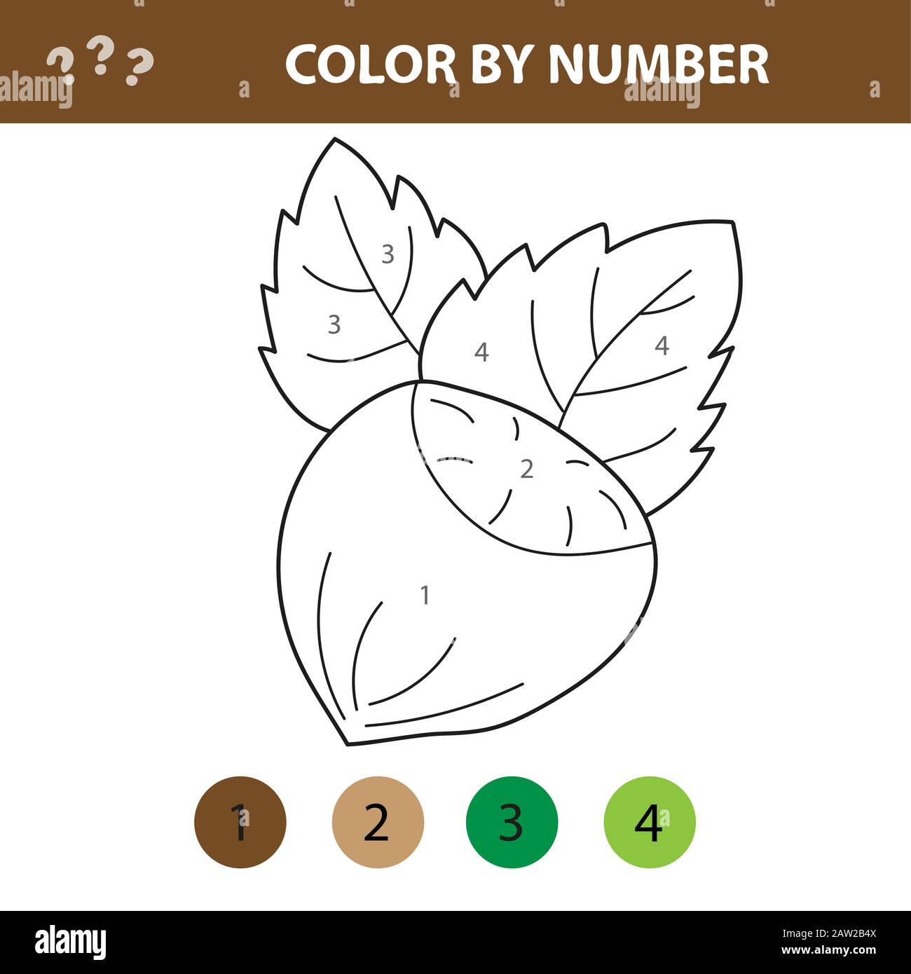 Numbers coloring page. Cute cartoon hazelnut. Educational game for ...