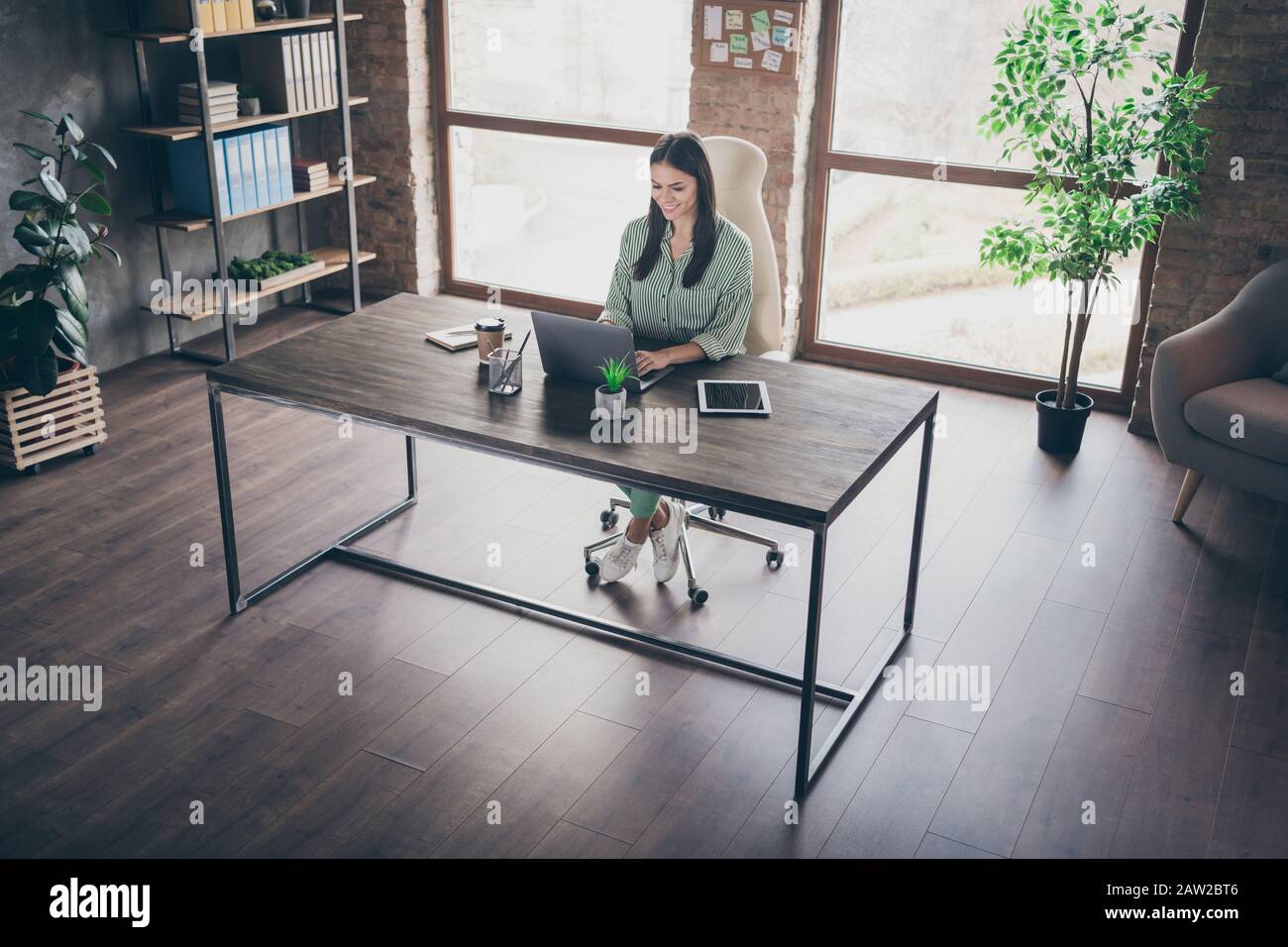 Above high angle view of her she nice attractive cheerful confident ...