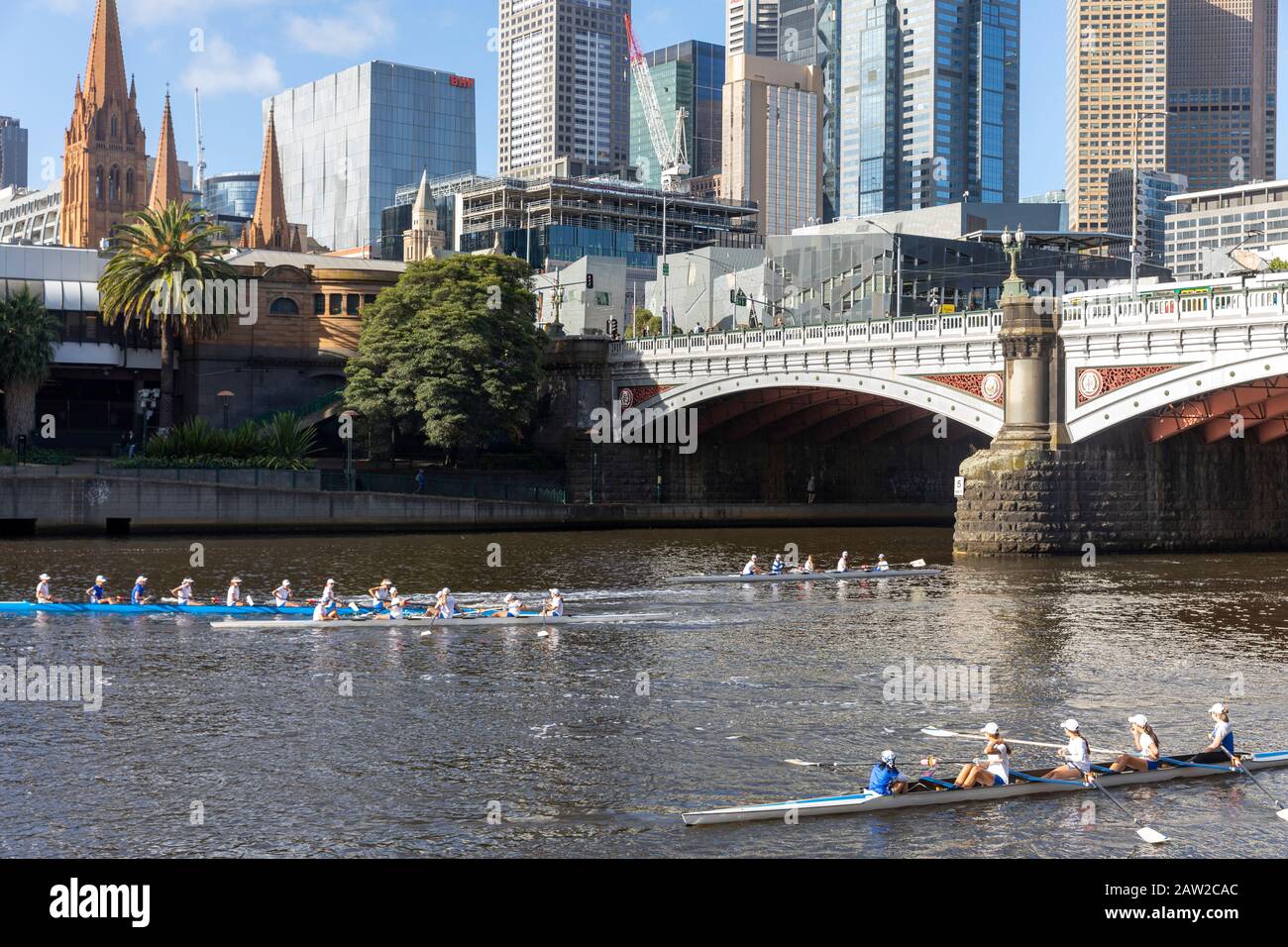 Yarra river in Melbourne city centre, teenage girls rowing on the river ...