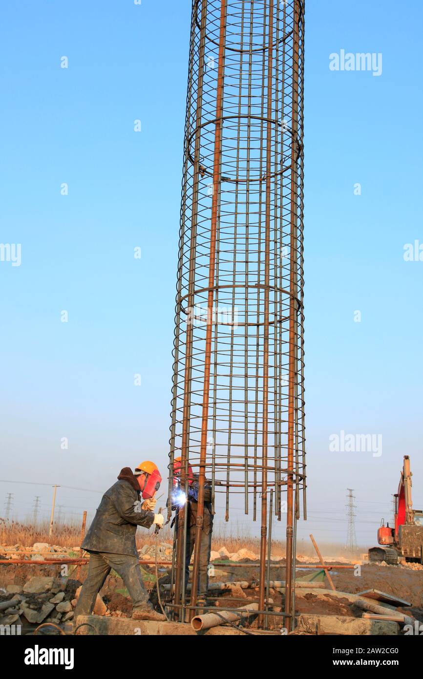Bridge construction under performing the steel reinforcement of piling ...