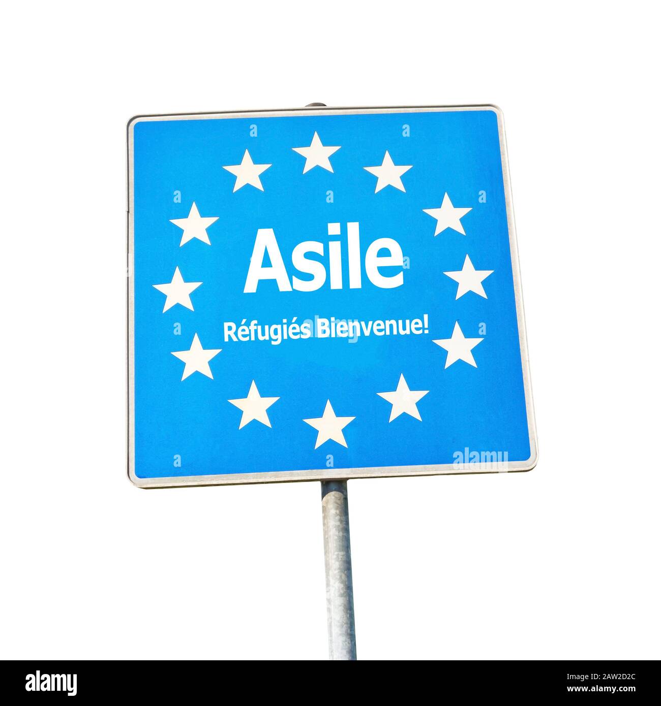 Asile, border sign europe - labeled with Refugees Welcome in french ...