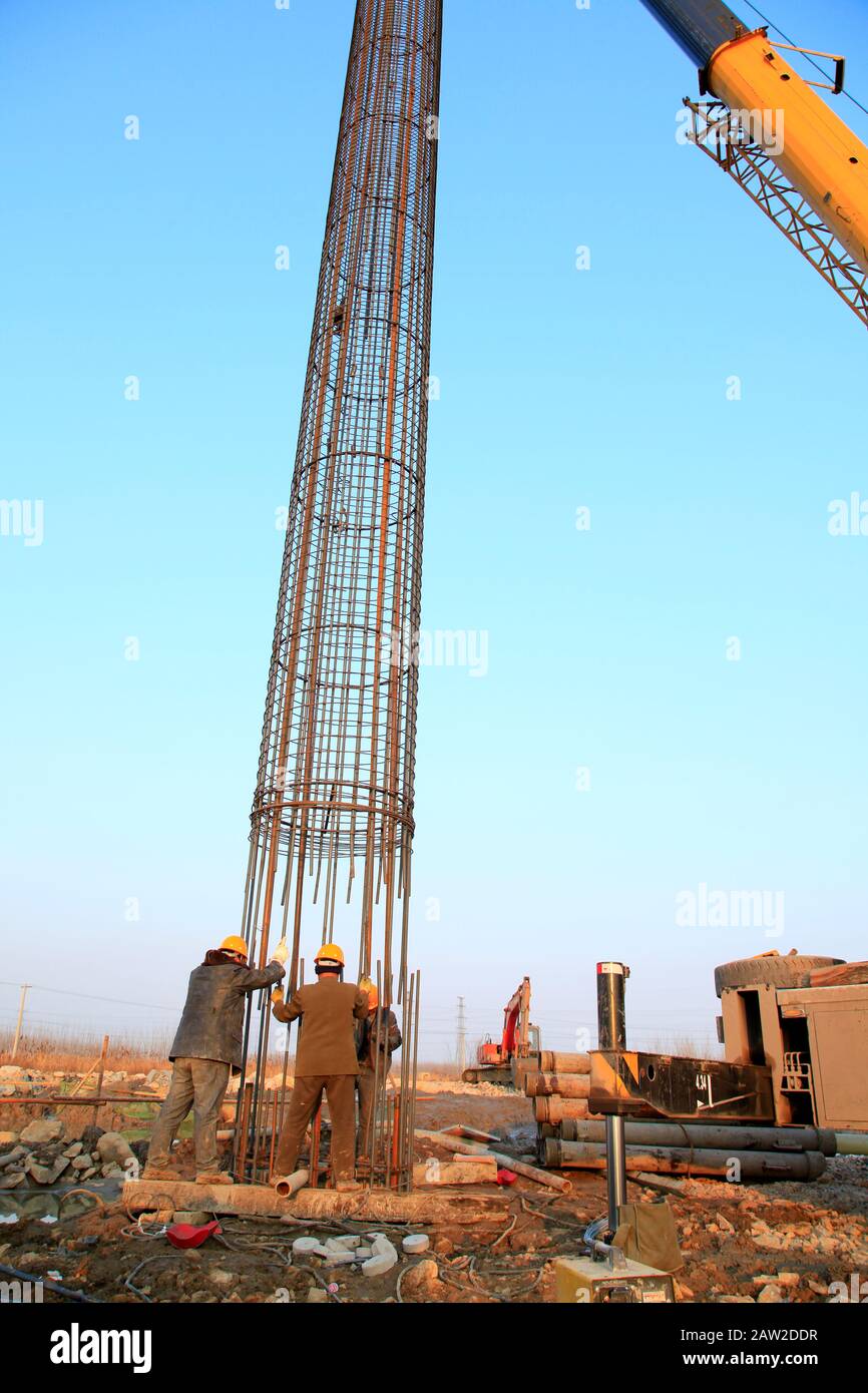 Bridge construction under performing the steel reinforcement of piling ...