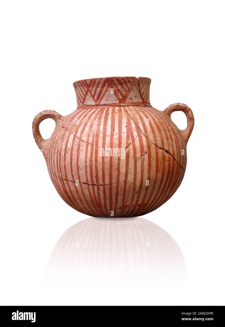 Very early Minoan round pot with white and red linear motifs, vaulted ...