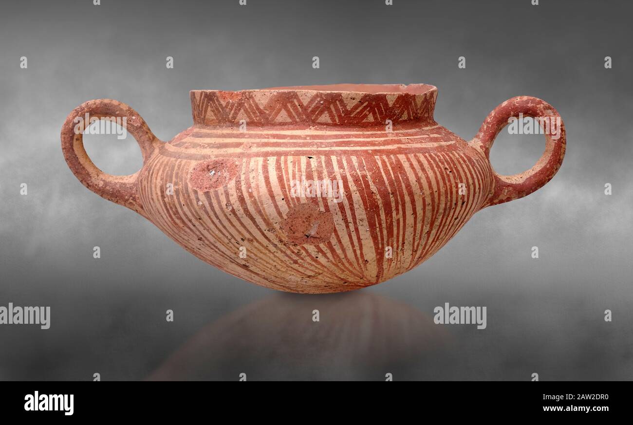 Very early Minoan rounded 2 handled pot with white and red linear ...