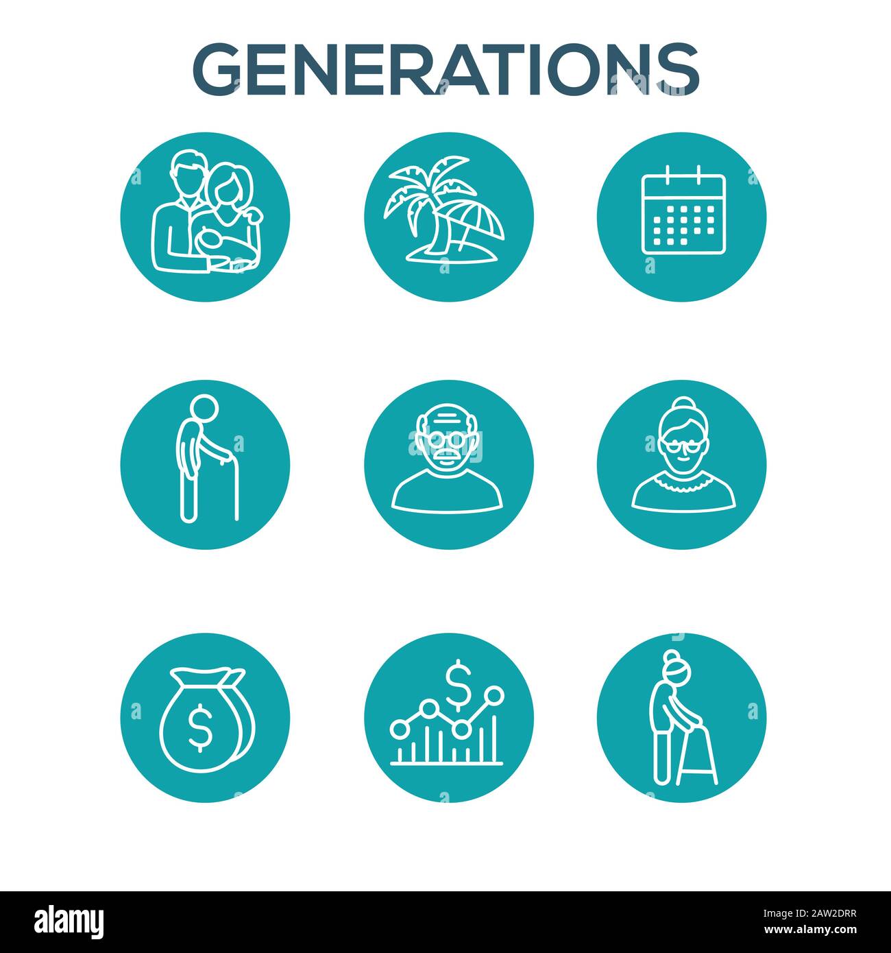 Generations: Golden Years Icon Set with retirement calendar , money ...