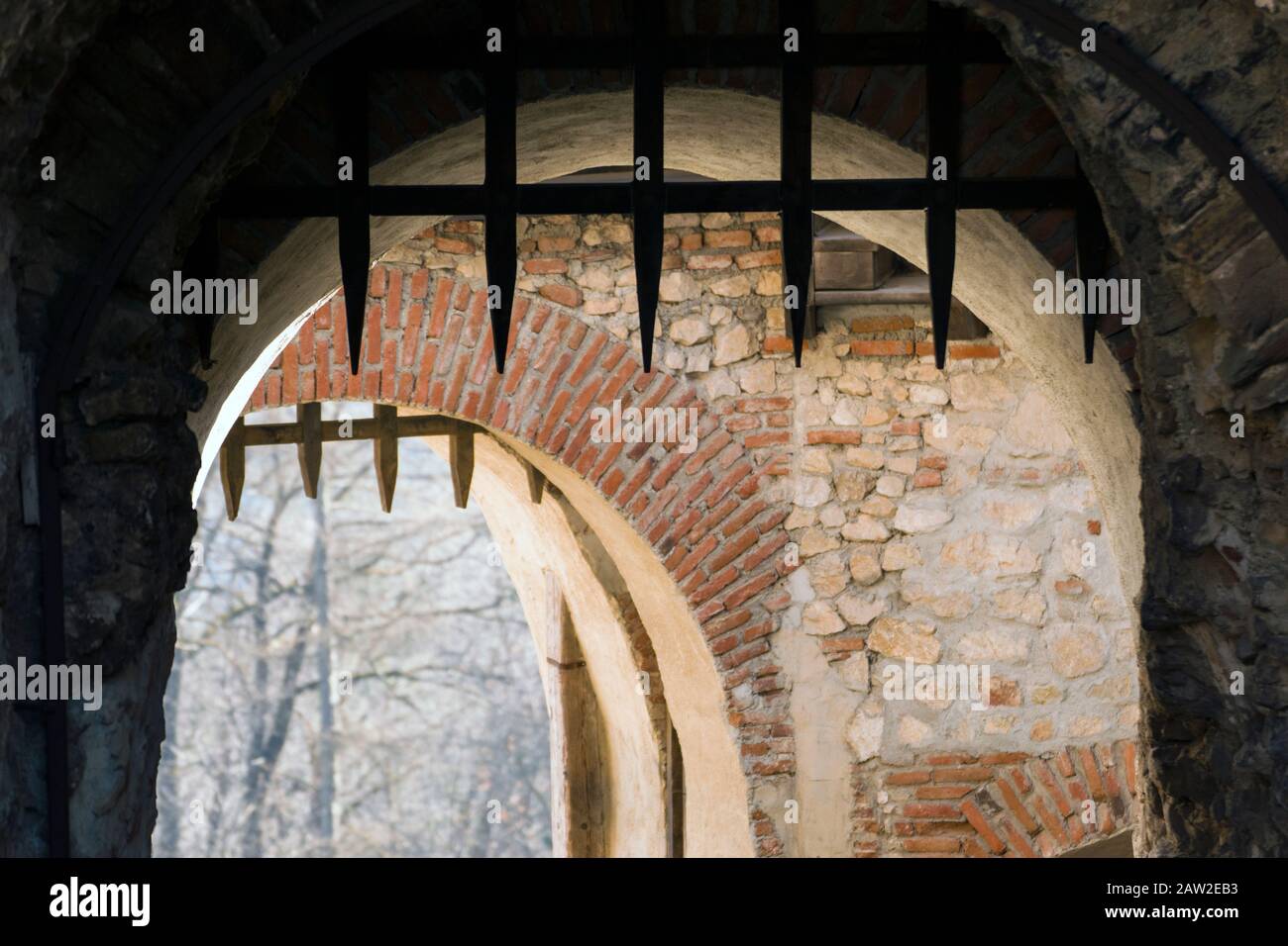 Two lifted metal gates, medieval castle, fortress Stock Photo - Alamy