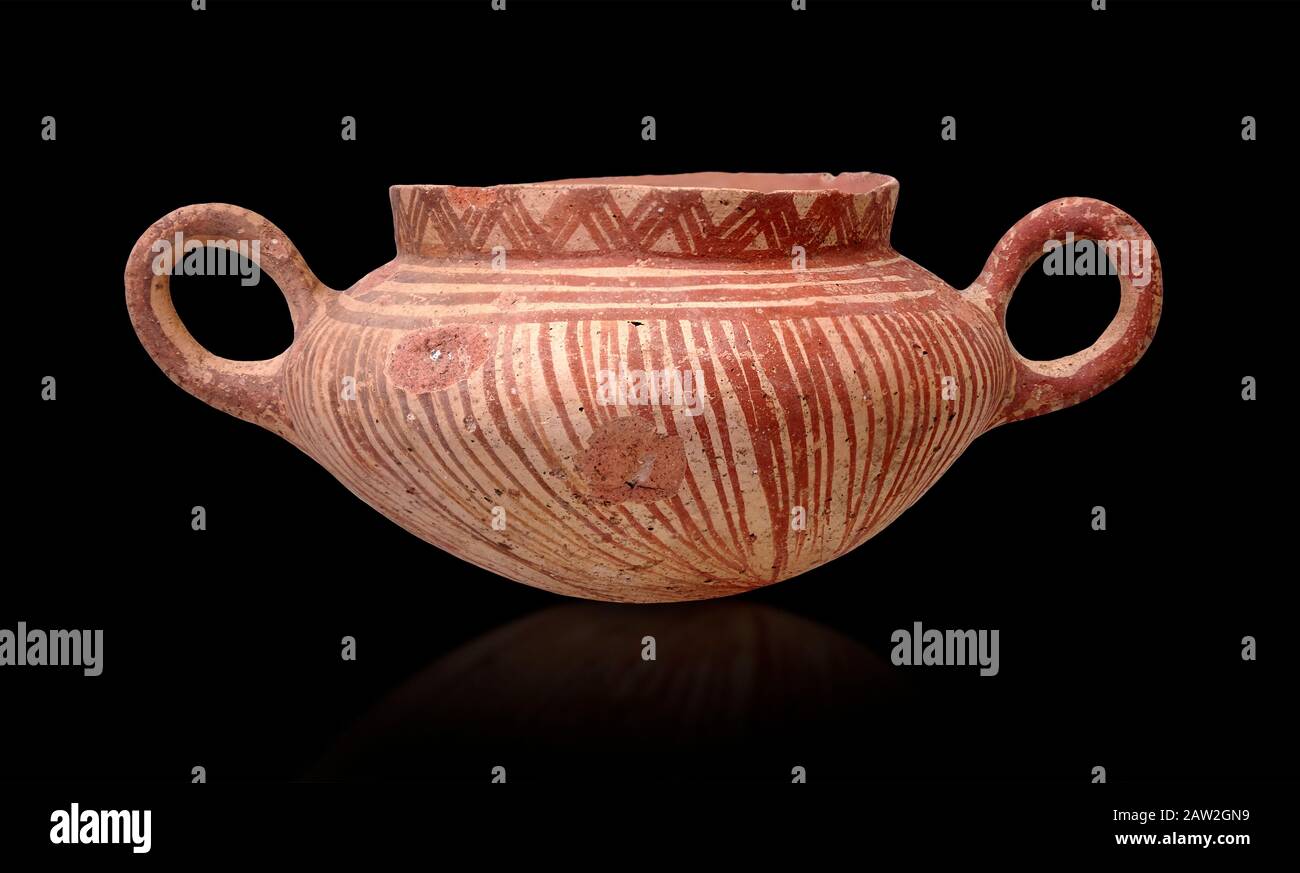 Very early Minoan rounded 2 handled pot with white and red linear ...