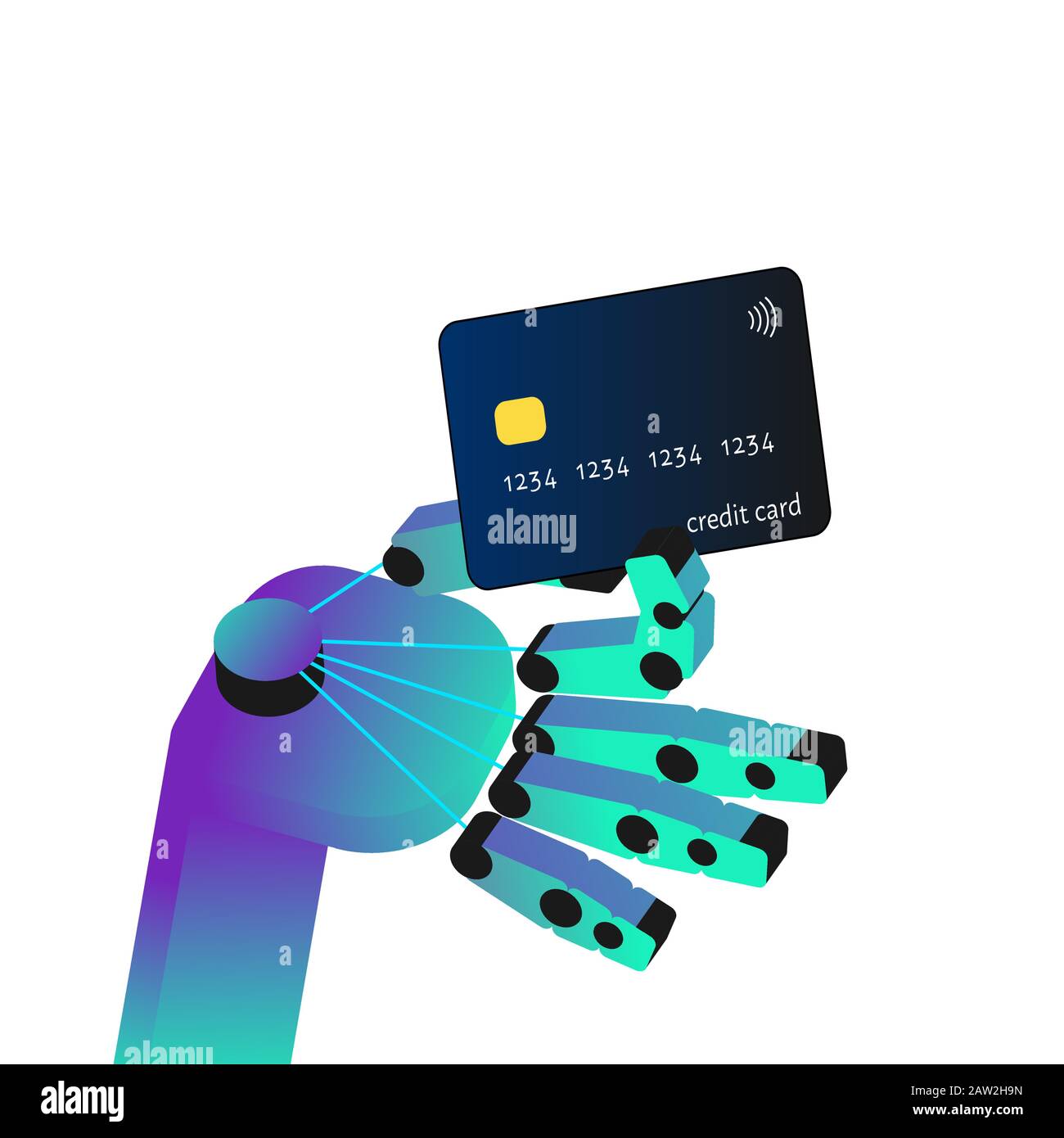 Robotic arm is holding credit card. Isolated on white background ...