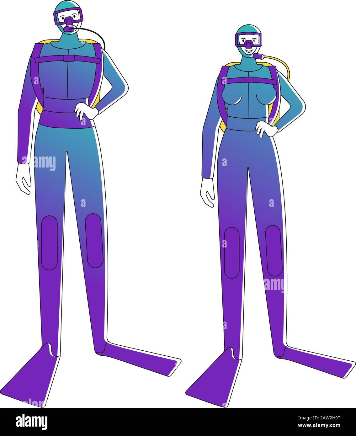 Female and male Divers in diving suites. Isolated on white background ...