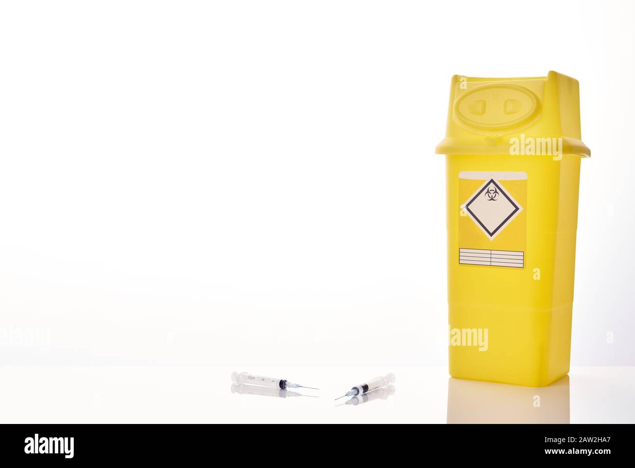 A large yellow sharpsbin container on the right, with two syringes with ...