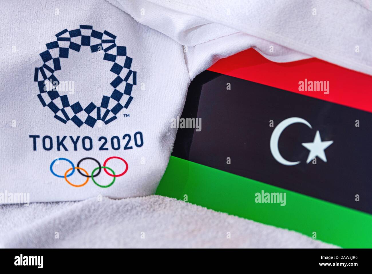 TOKYO, JAPAN, FEBRUARY. 4, 2020: Libya National flag, official logo of ...