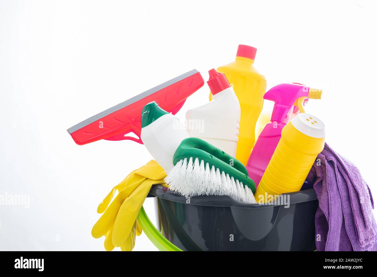 Cleaning products isolated against white background. Plastic chemical ...