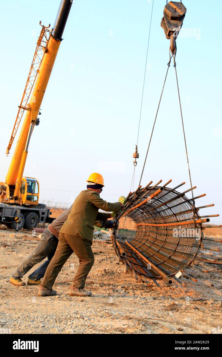 Bridge construction under performing the steel reinforcement of piling ...