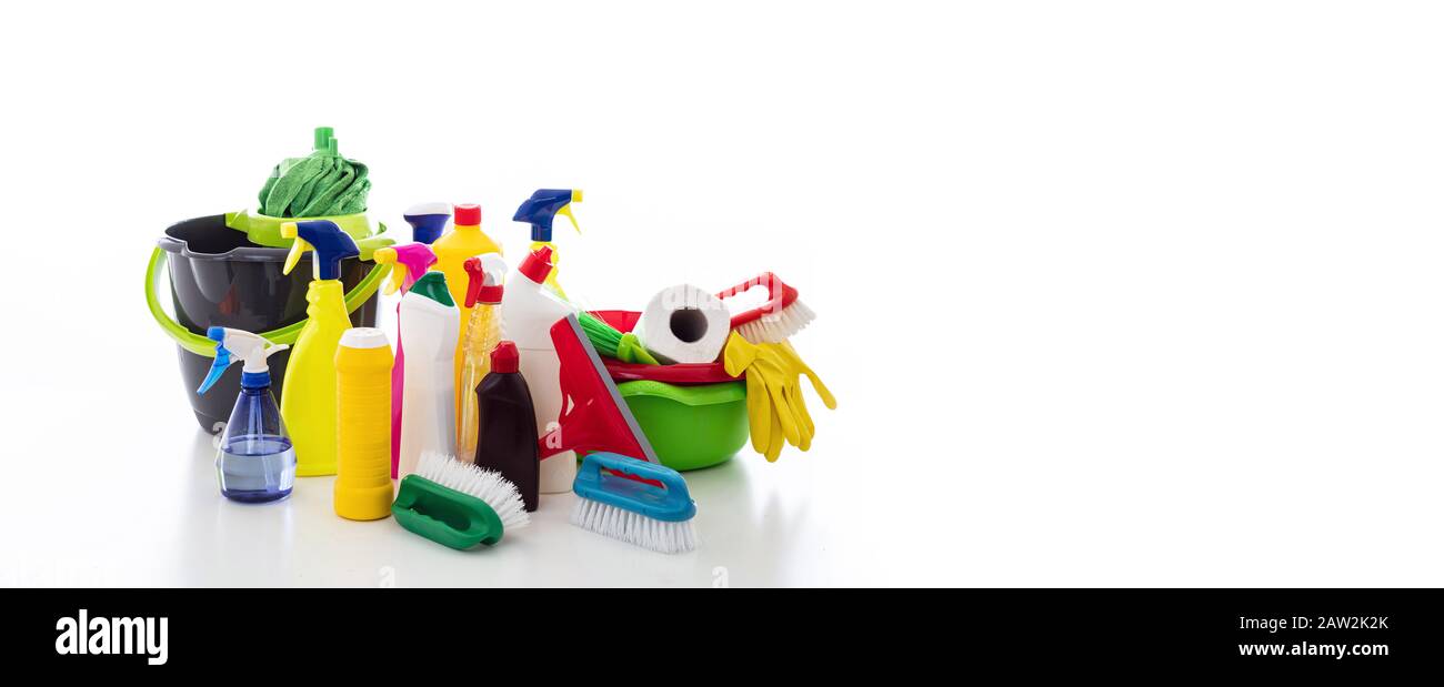 Cleaning products isolated against white background. Plastic chemical ...