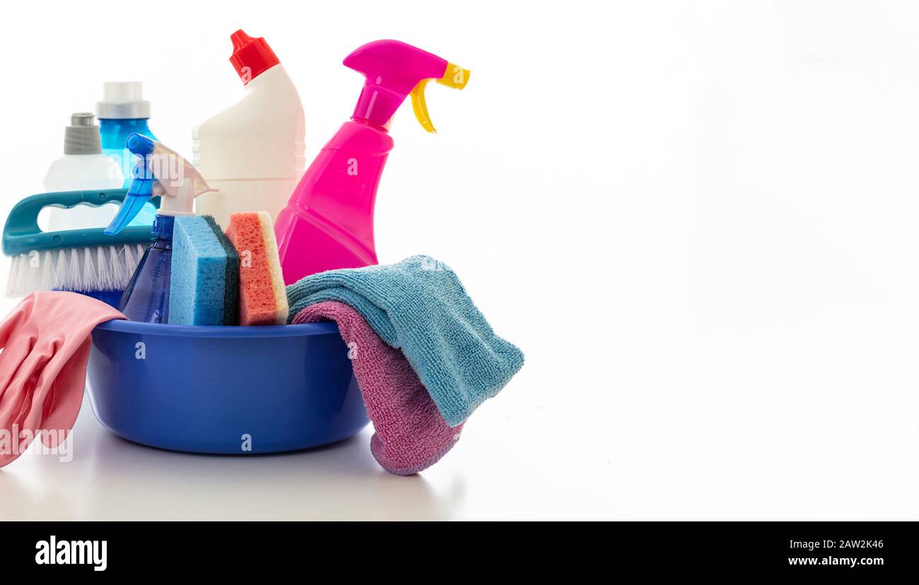Cleaning products isolated against white background. Plastic chemical ...